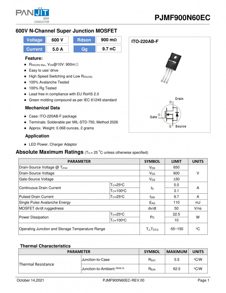 PANJIT PJMF900N60EC datasheet page 1