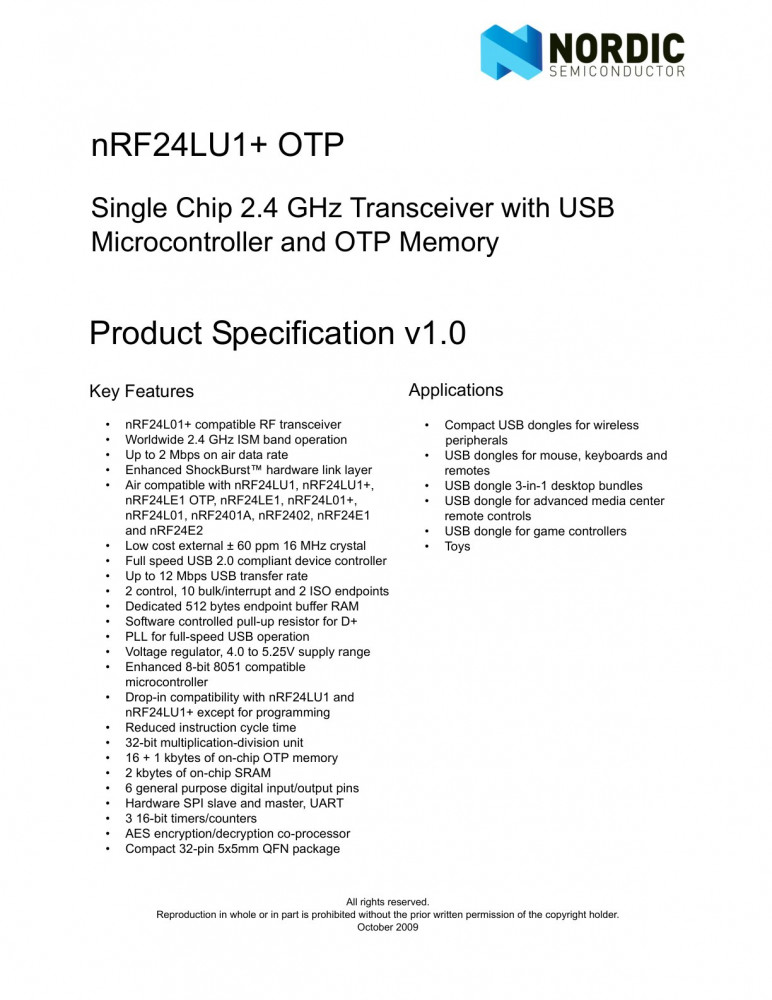 nRF24LU1+ OTP datasheet page 1