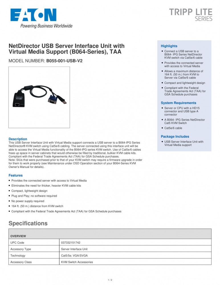 B055-001-USB-V2 product document image, page 1
