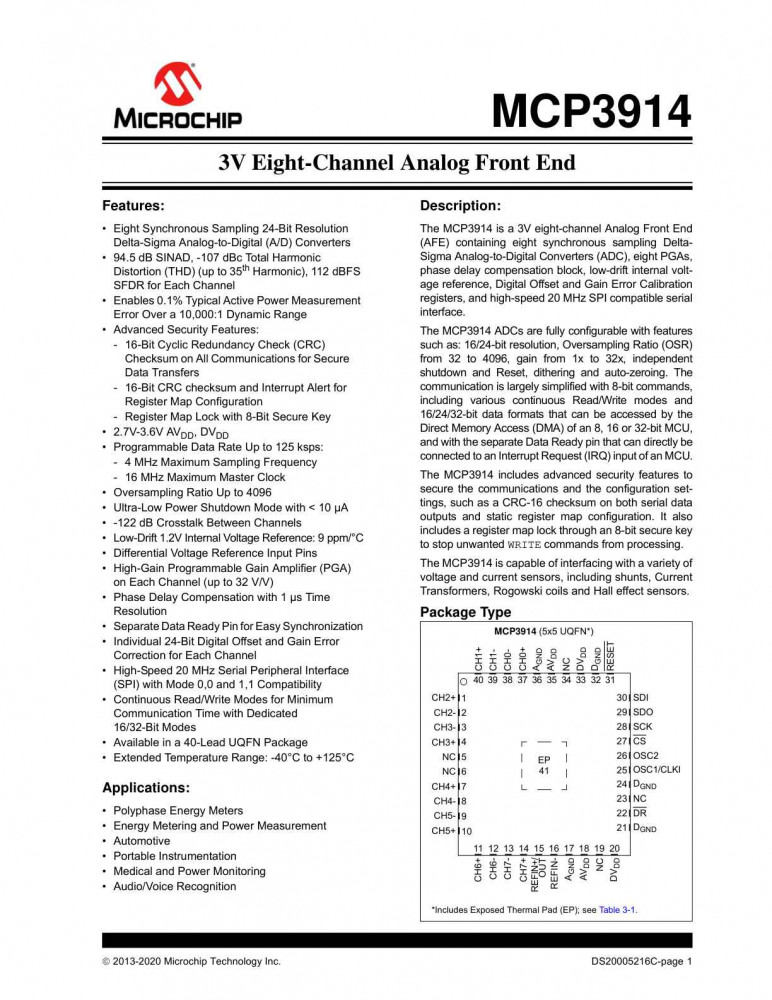 MCP3914 datasheet page 1