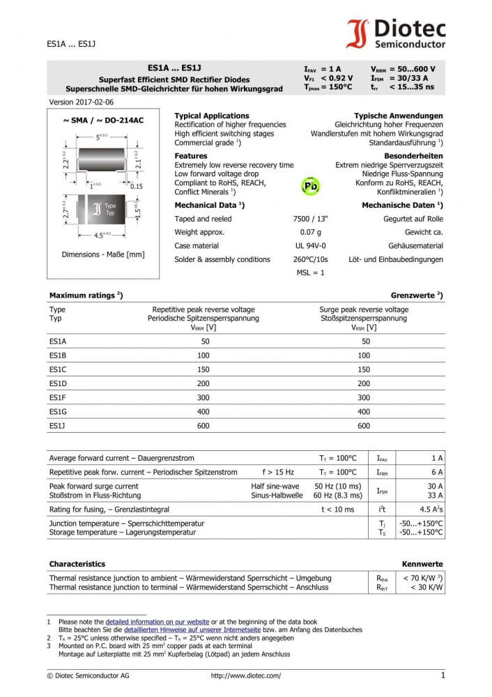 DIOTEC ES1D datasheet page 1