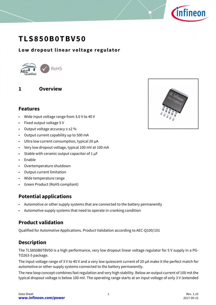 TLS850B0TBV50 datasheet page 1