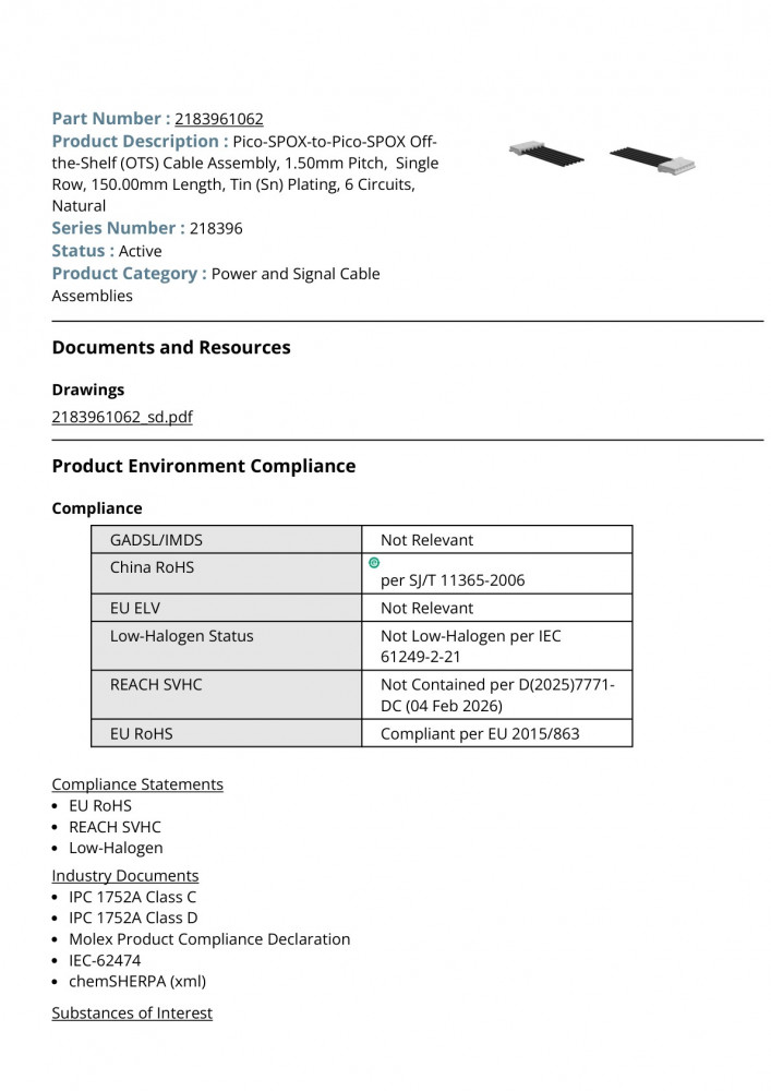 MOLEX 2183961062 drawing preview, page 1