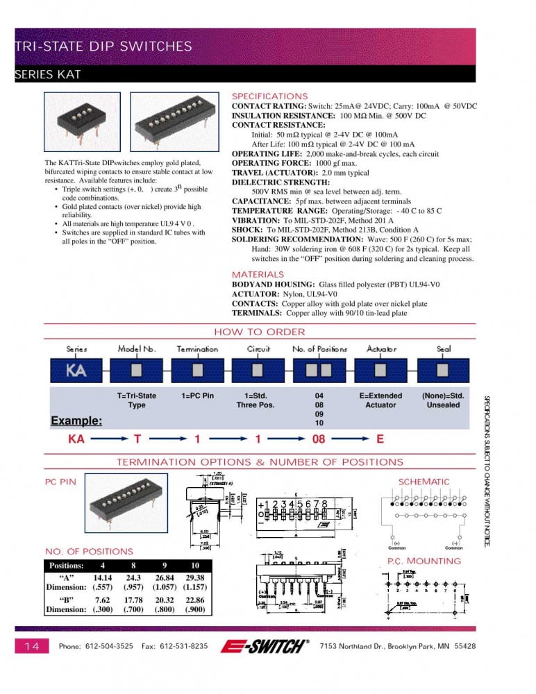 E-Switch KAT series datasheet page
