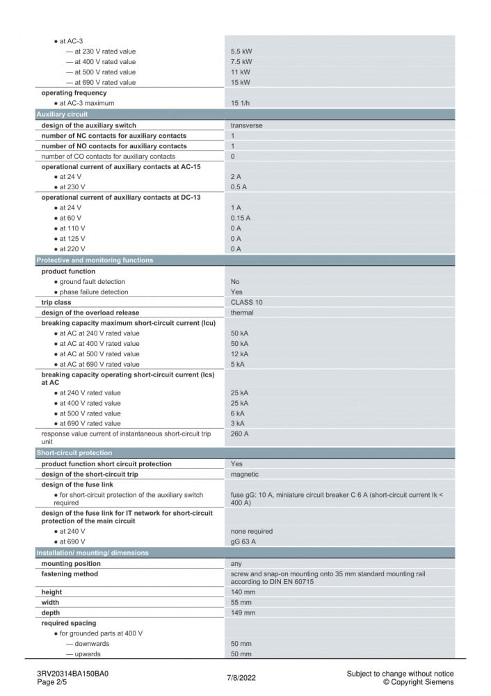 3RV20314BA150BA0 document page 2