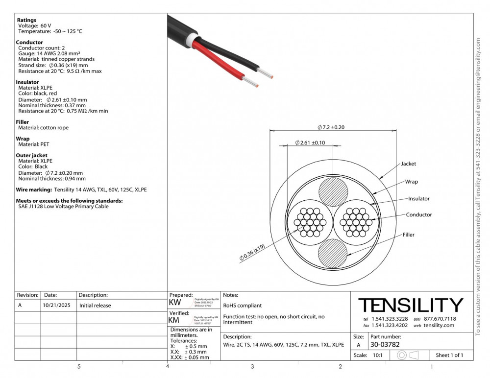 Tensility International 30-03782 product drawing, revision A