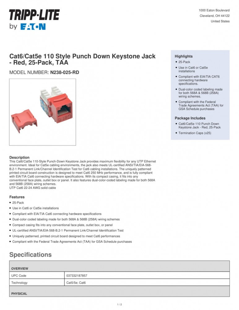 EATON N238-025-RD technical document page 1