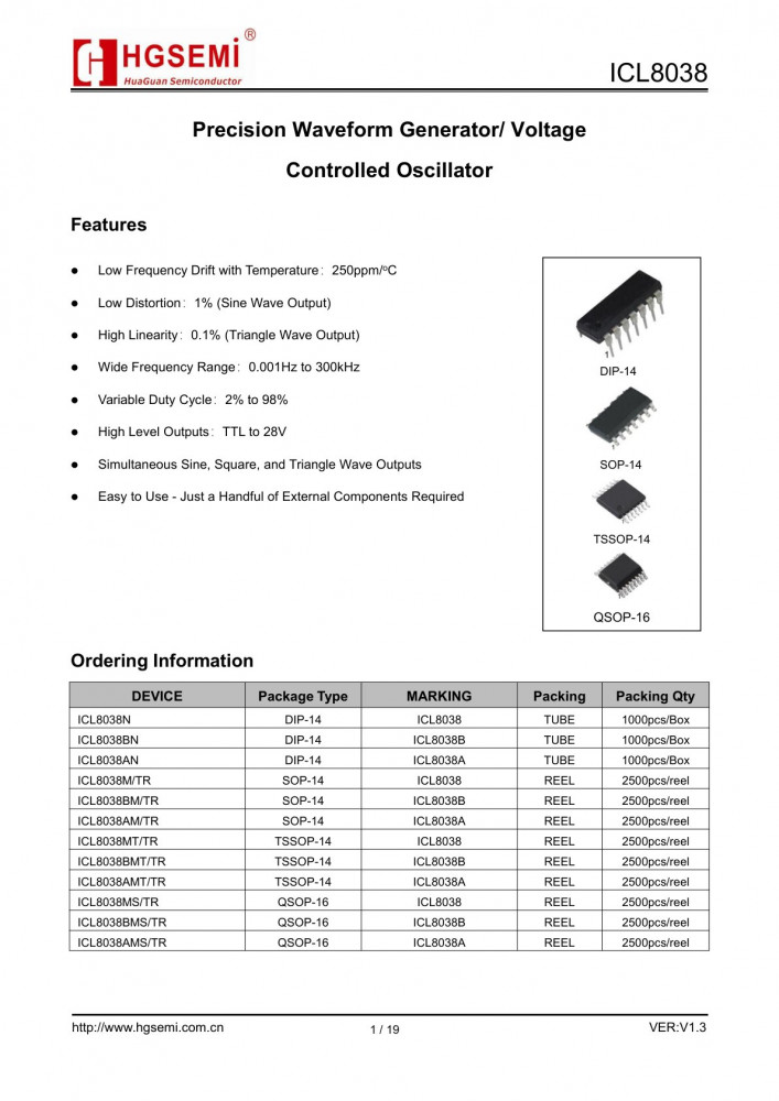 ICL8038N datasheet page 1