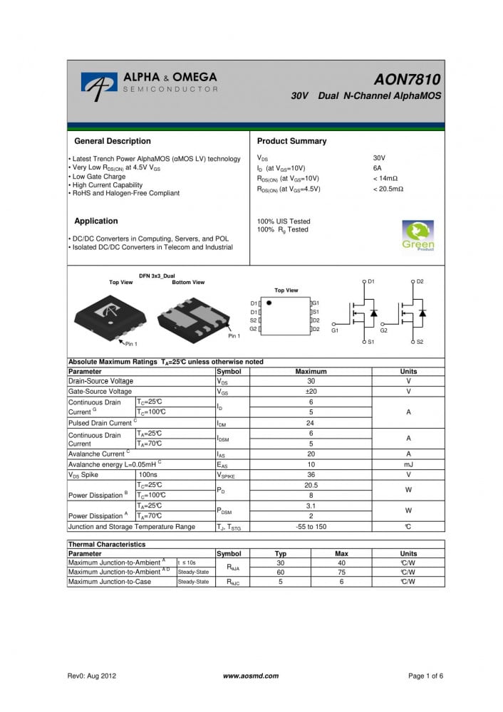 AON7810 datasheet page 1