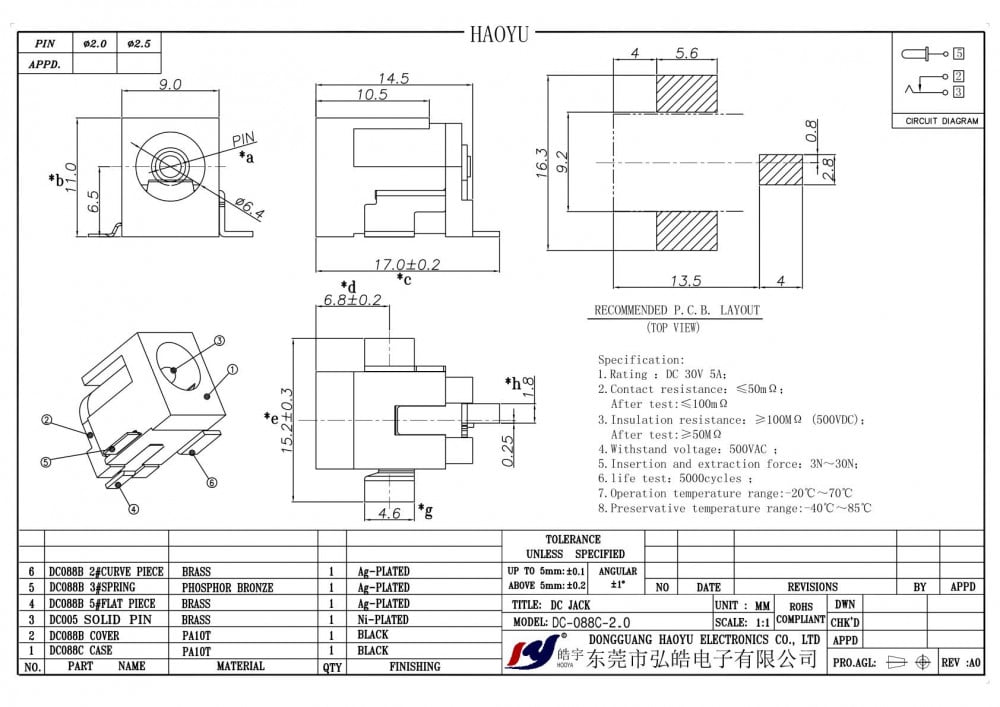 HOOYA DC-088C-2.0 technical drawing