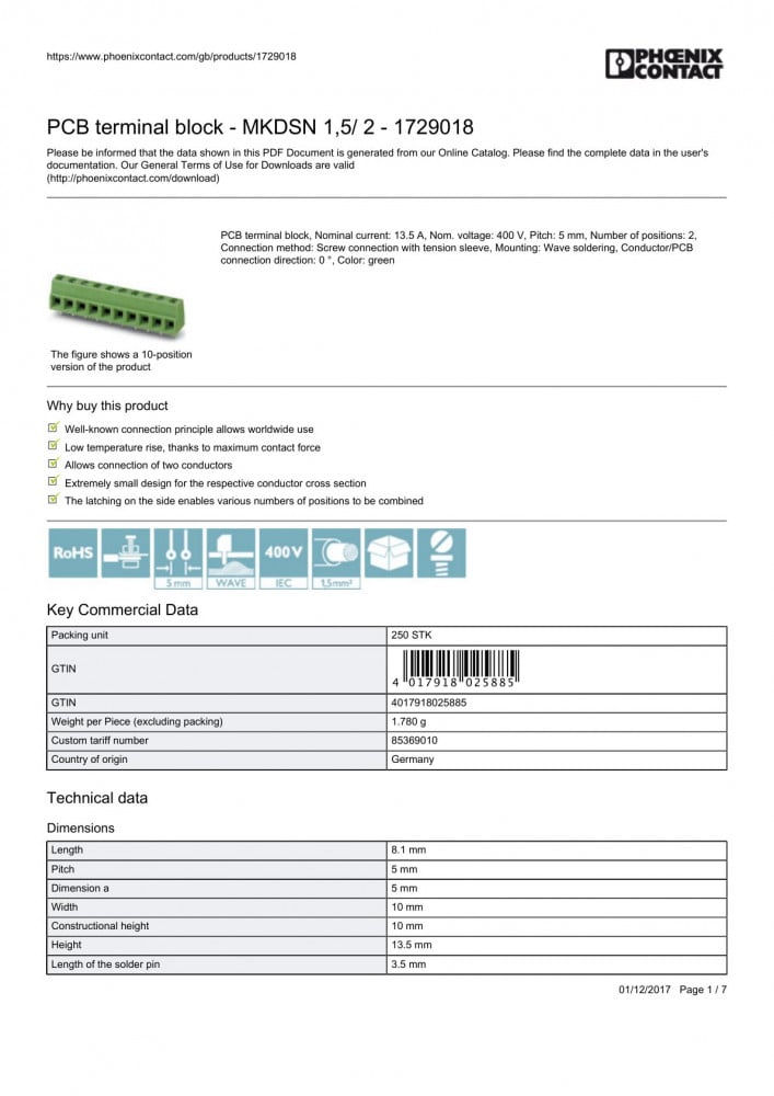Phoenix Contact 1729018 product documentation page 1