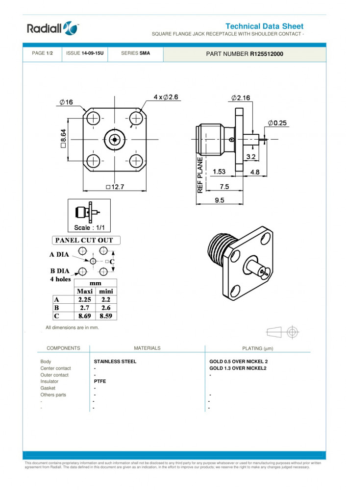 Radiall R125512000 SMA specification sheet, page 1