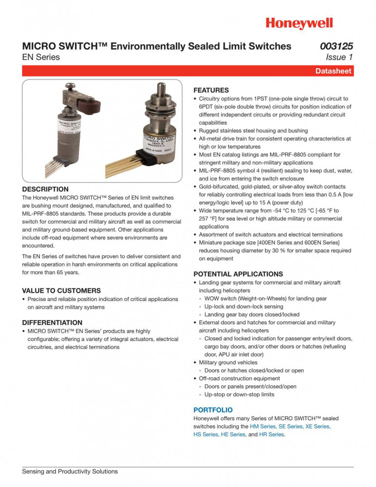 Honeywell EN Series datasheet page 1