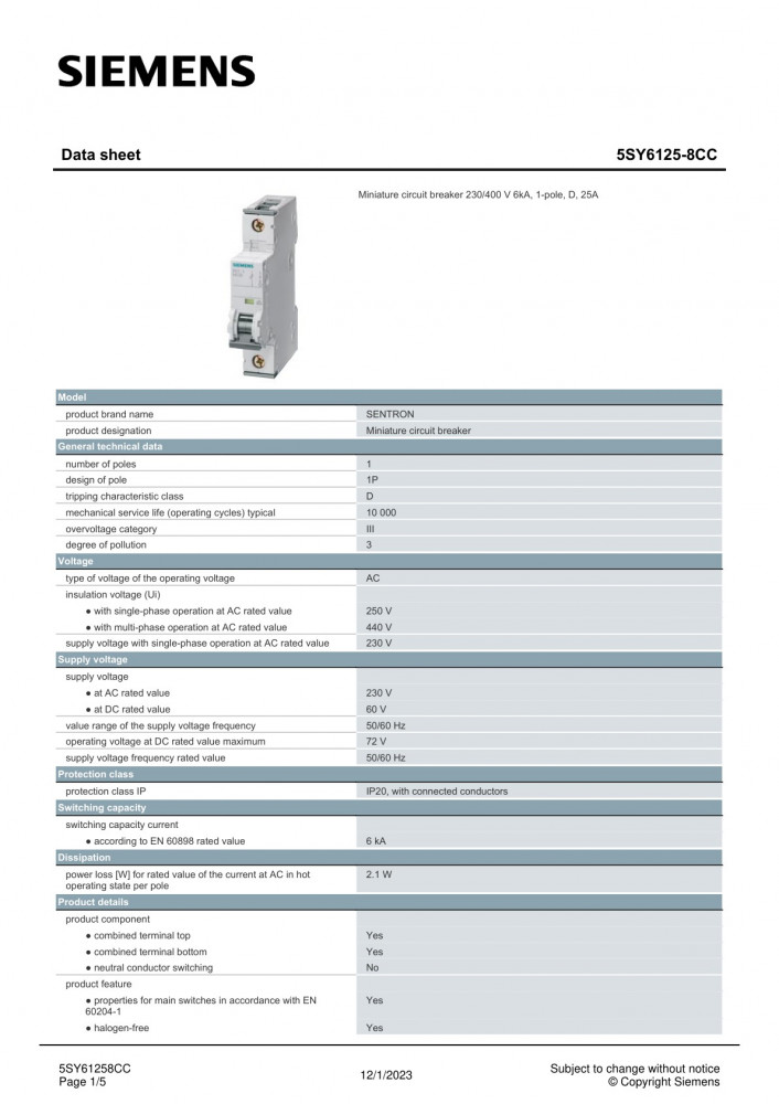 5SY6125-8CC technical document page 1