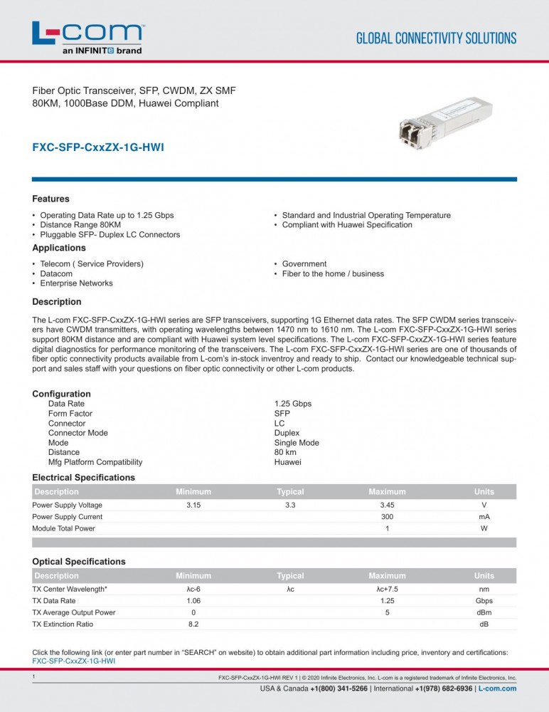 FXC-SFP-C51ZX-1G-HWI datasheet page 1