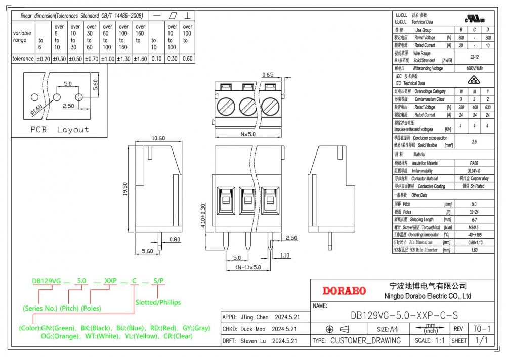 DORABO DB129VG-5.0-2P-GN-S technical document preview