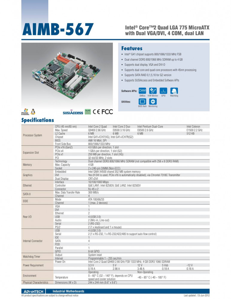 ADVANTECH AIMB-567G2-00A1E technical datasheet page 1