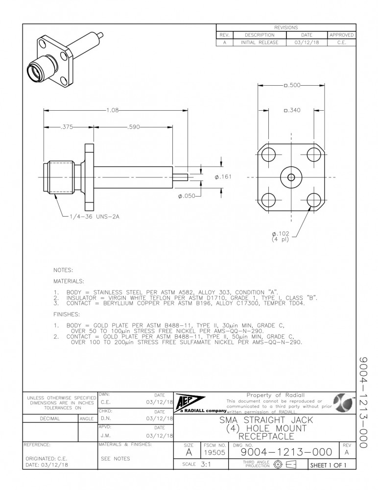 Radiall drawing for SMA straight jack four-hole mount receptacle, model 9004-1213-000