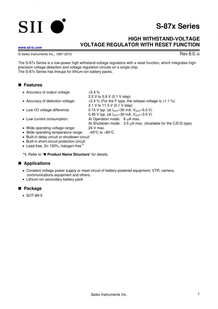 S-87x Series datasheet page 1