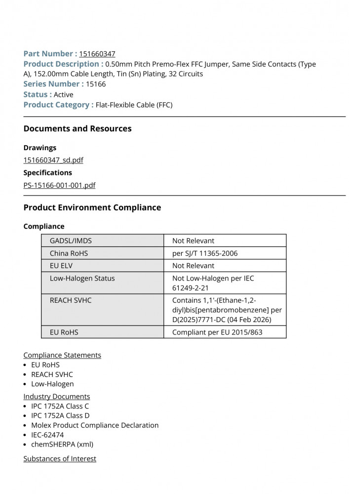 Molex 151660347 product document image, page 1