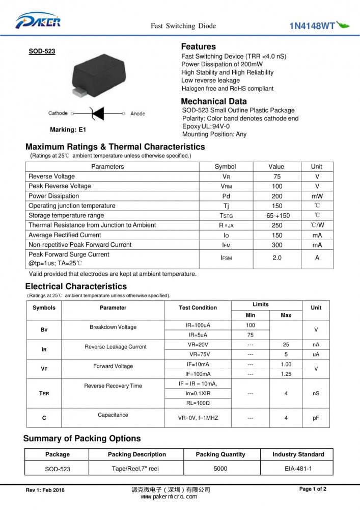 PAKER 1N4148WT datasheet page 1
