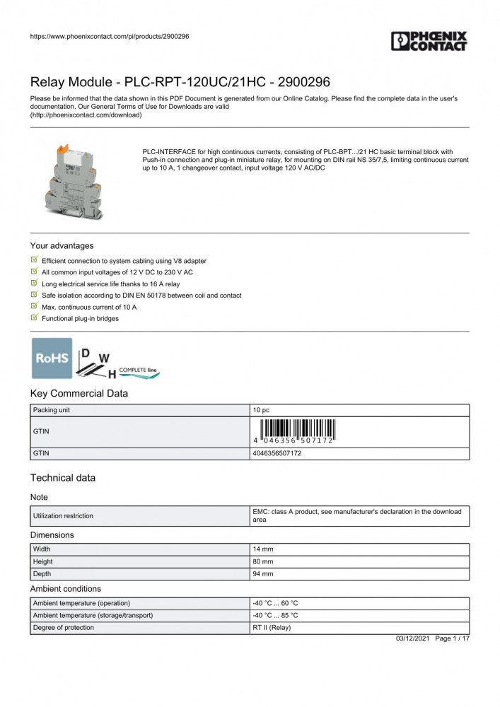 Phoenix Contact 2900296 technical document page 1