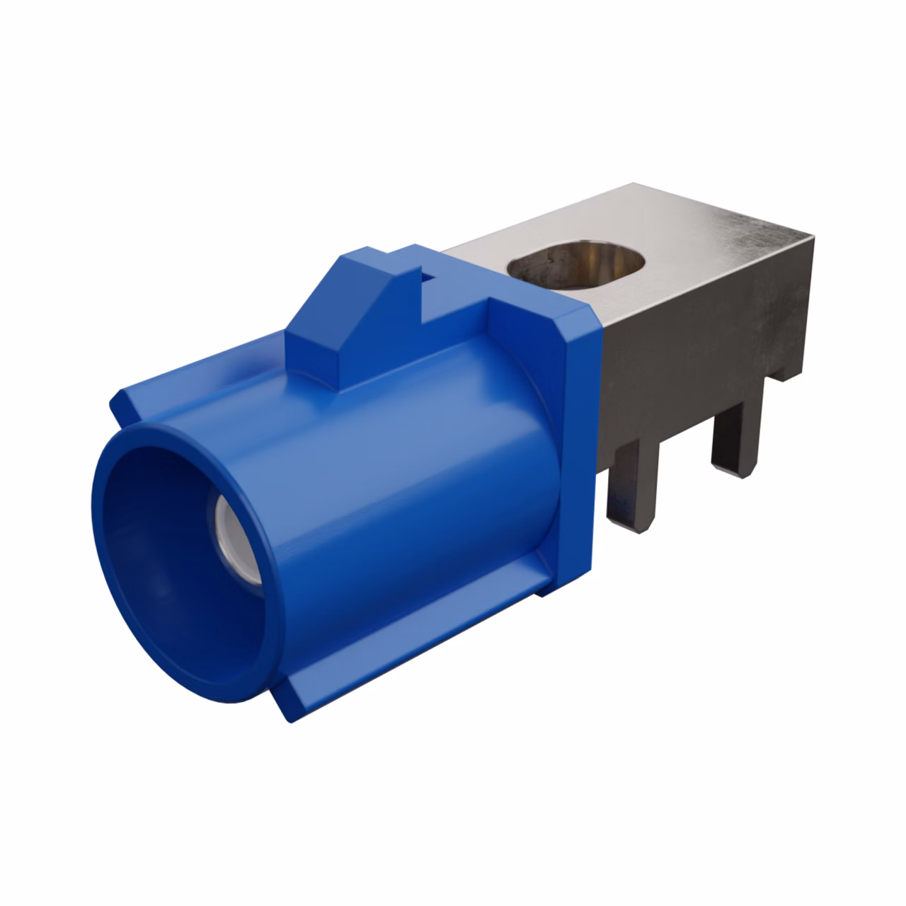 FAKRA Jack, Right-Angle, PCB Receptacle, Through Hole, Die Cast Body, Tin (Sn) Plated, Pin in Paste, Keying Code C, Blue, Tray, 50 Ohms for sale