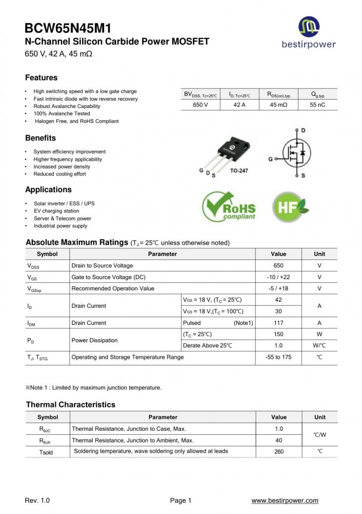BCW65N45M1 datasheet page 1