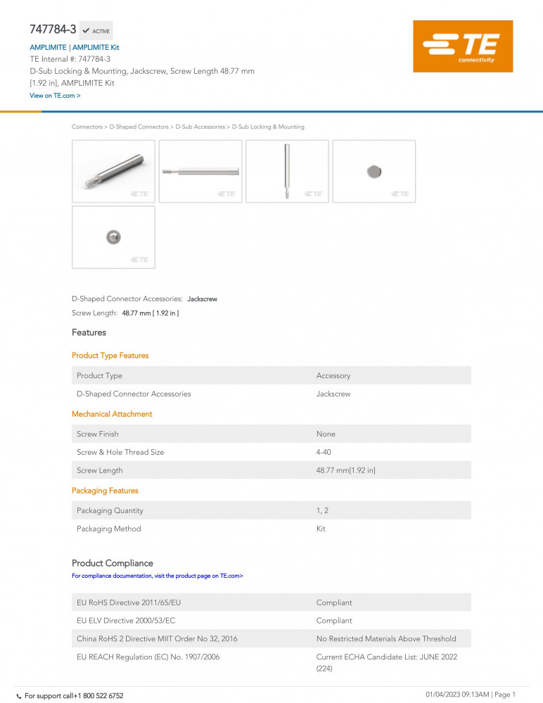 TE Connectivity 747784-3 technical drawing page 1