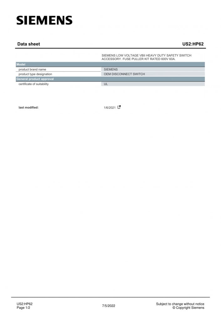 SIEMENS HP62 technical document page 1