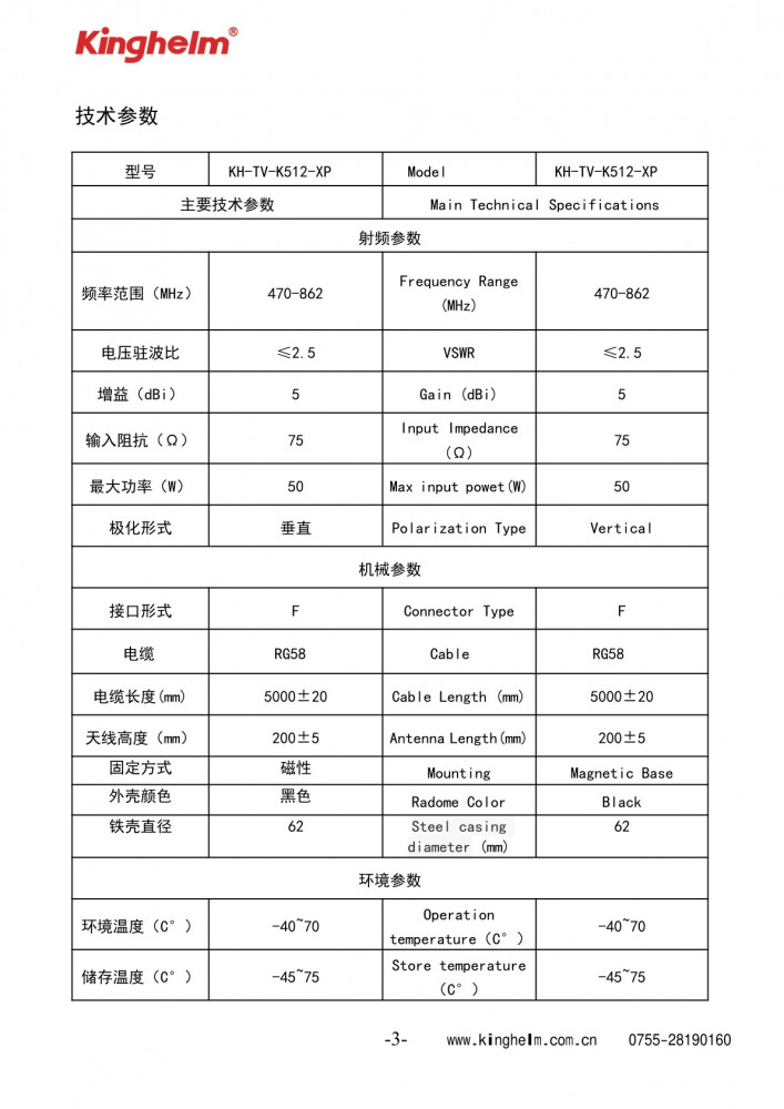 KH-TV-K512-XP technical specifications page
