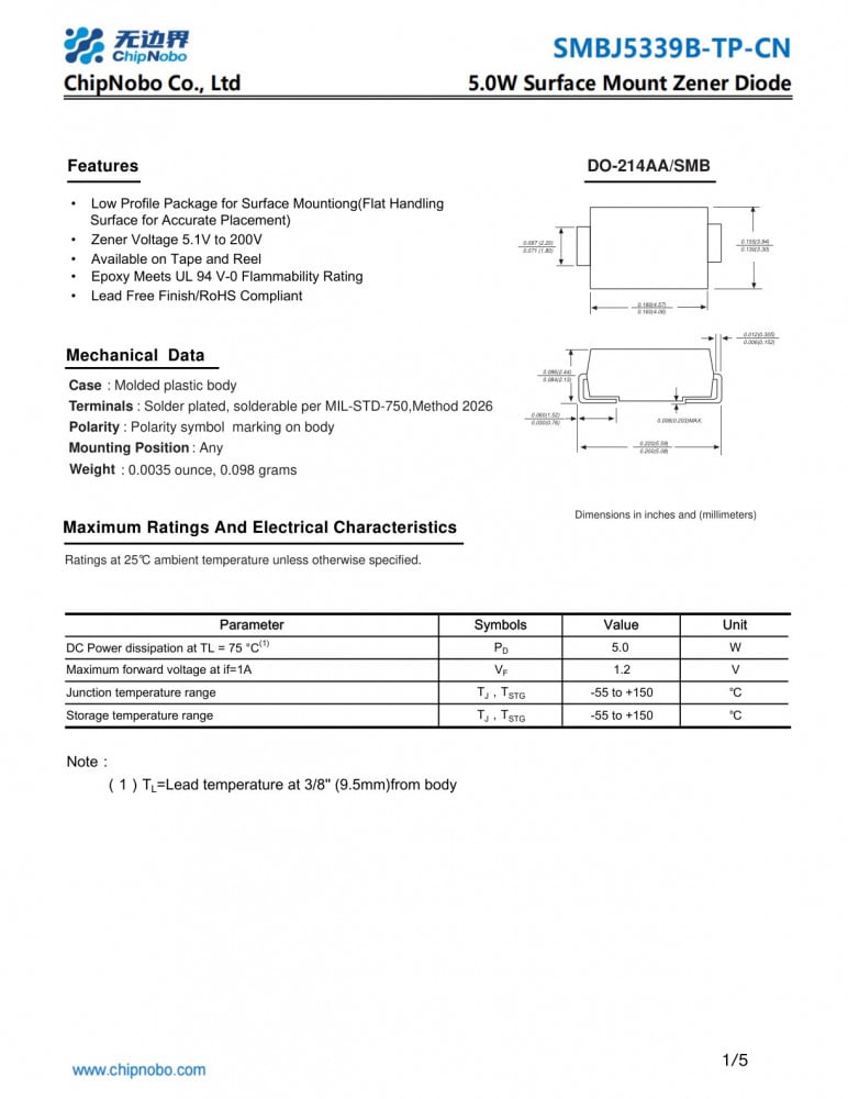 SMBJ5339B-TP-CN datasheet page 1