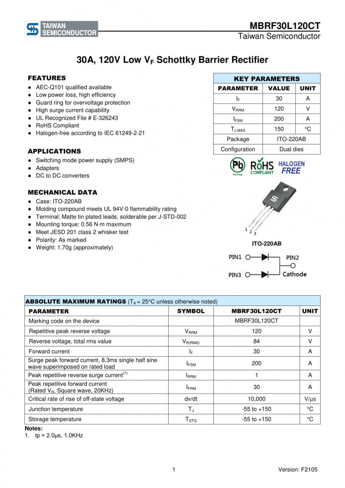 MBRF30L120CT technical document page 1