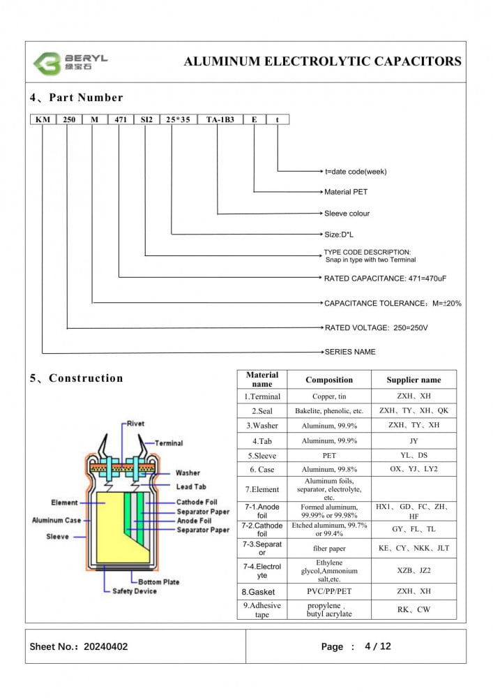 BERYL KM specification sheet page 4