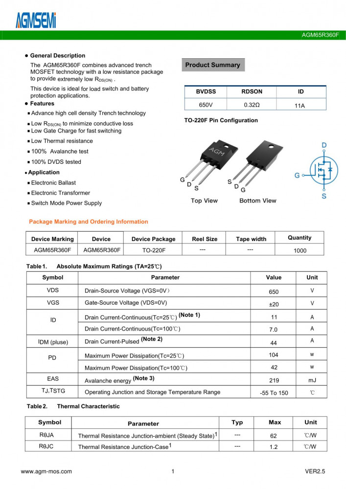 AGM65R360F datasheet page 1