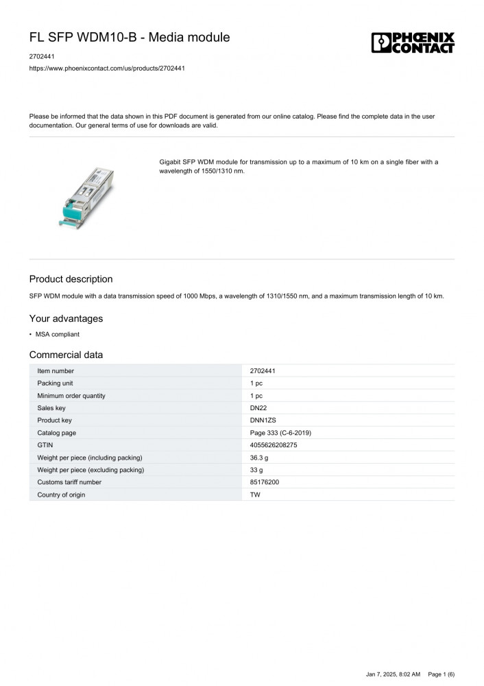 Phoenix Contact 2702441 technical document page 1