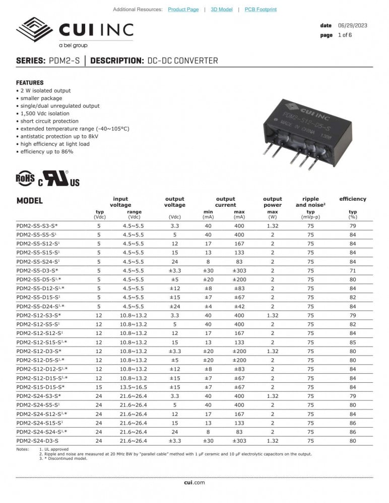 CUI PDM2-S datasheet page 1