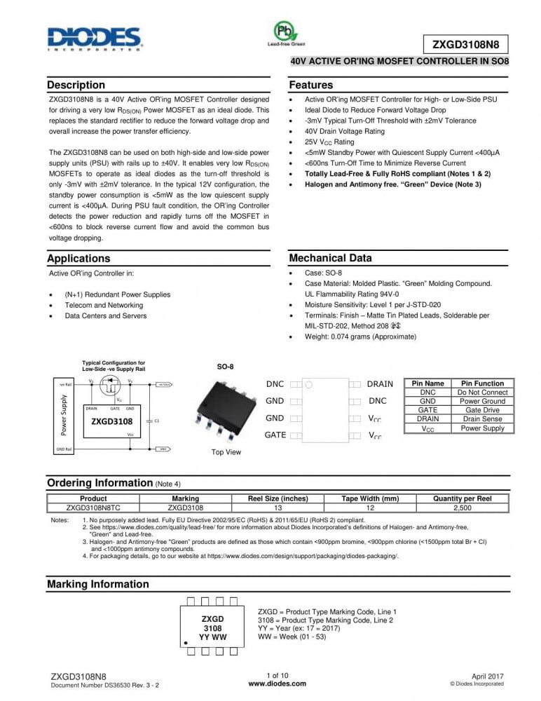 ZXGD3108N8TC datasheet page 1