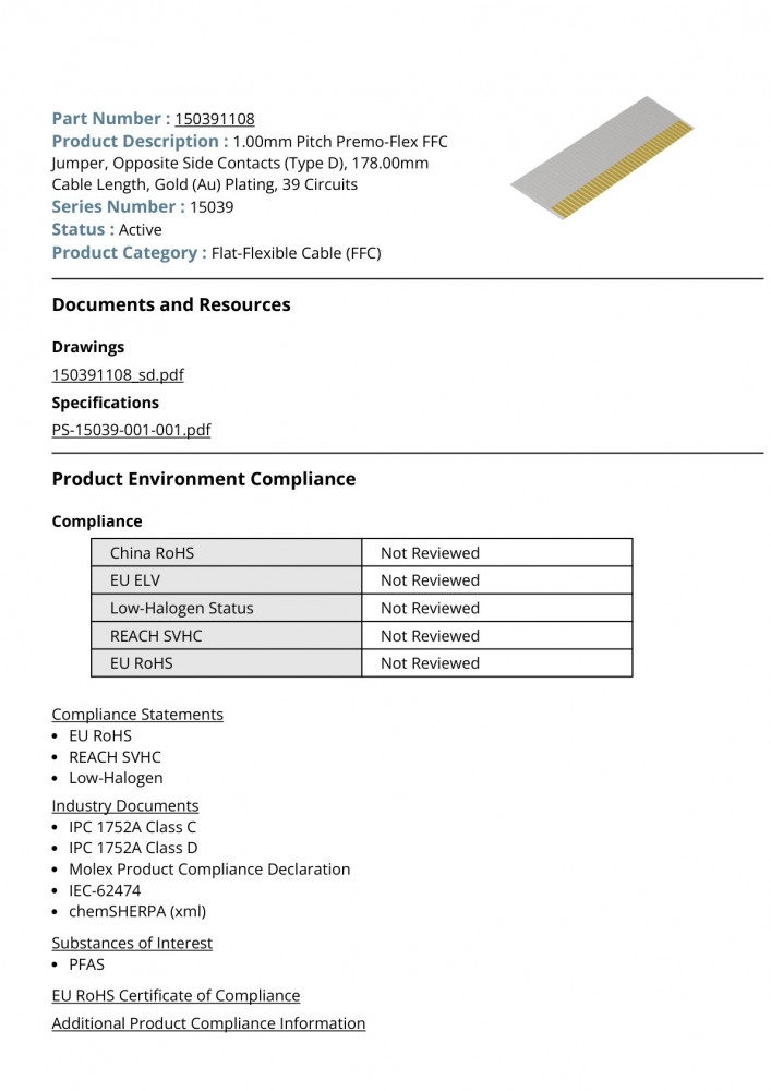Molex 1.00 mm pitch FFC family specification, document page image 1