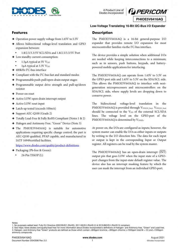 PI4IOE5V6416AQ2LEX datasheet page 1