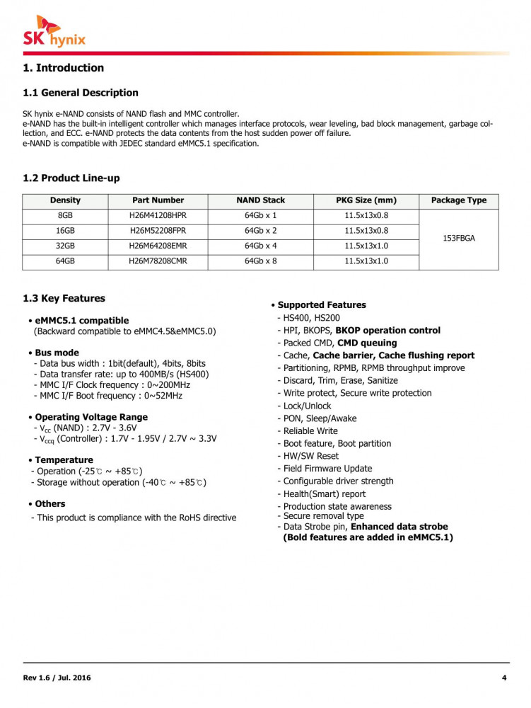 SK hynix e-NAND datasheet page 4