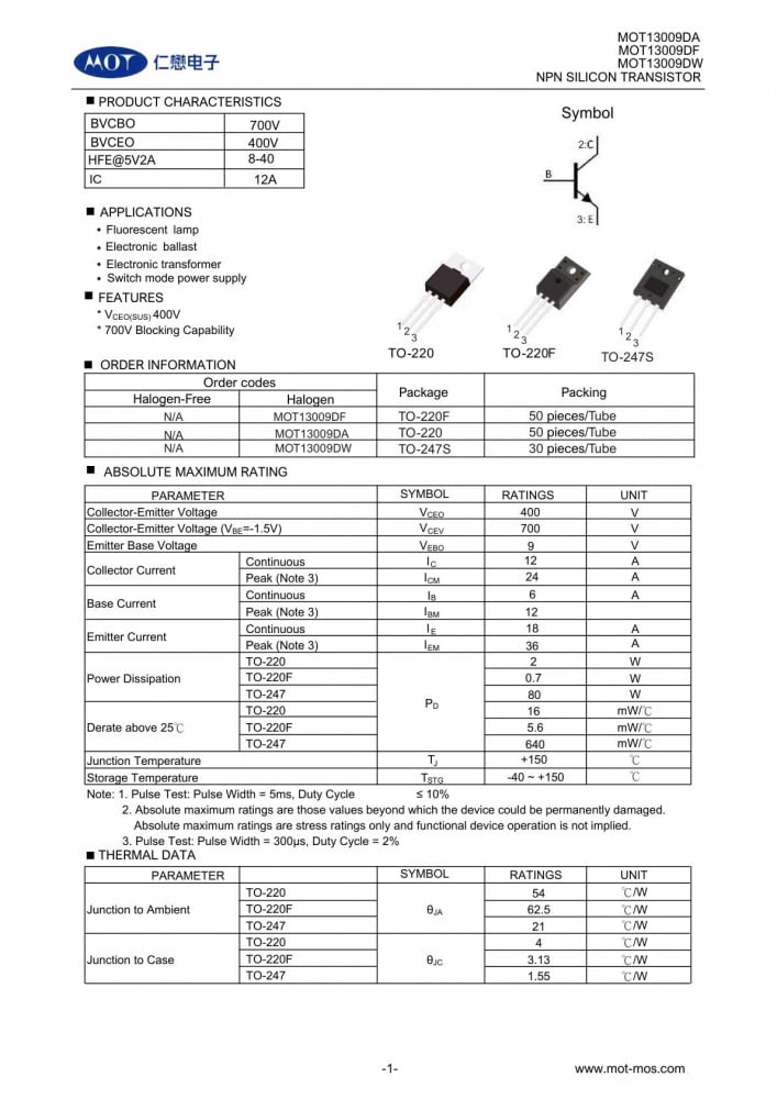 MOT13009DA datasheet page 1