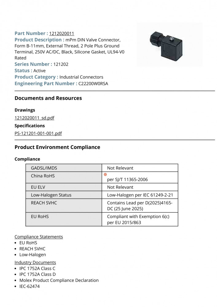 DIN valve connectors specification image, page 1
