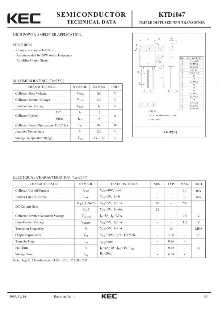 KTD1047-Y-U/P datasheet page 1