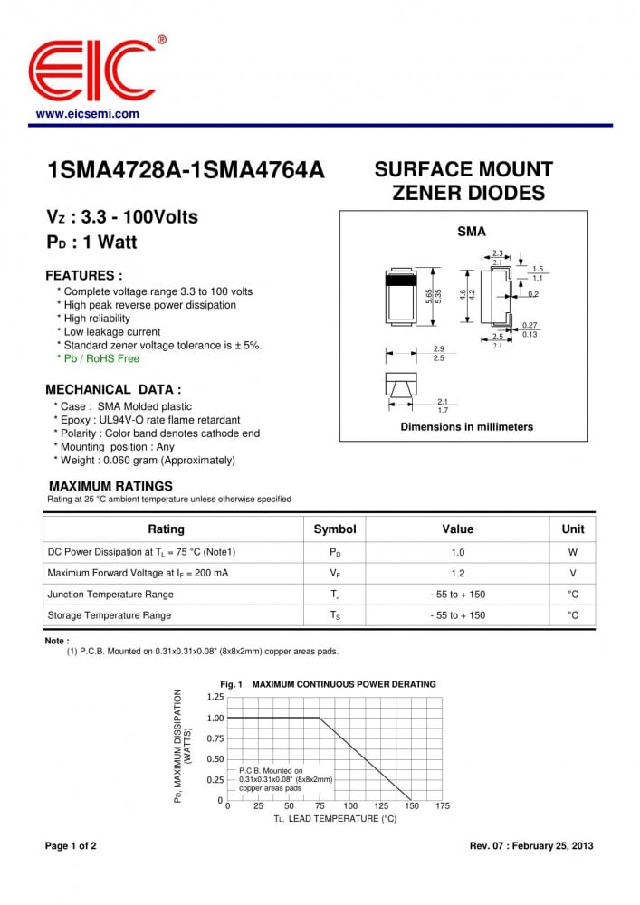 EIC 1SMA4744A datasheet page 1