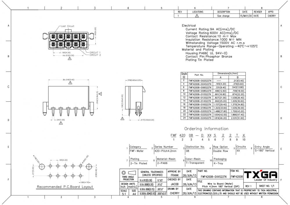 TXGA FWF42008-D10S22TK technical drawing