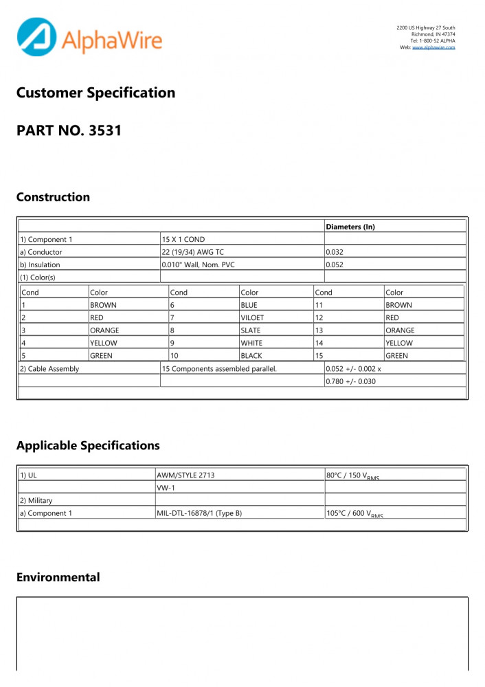 Alpha Wire 3531 MC005 technical document page 1