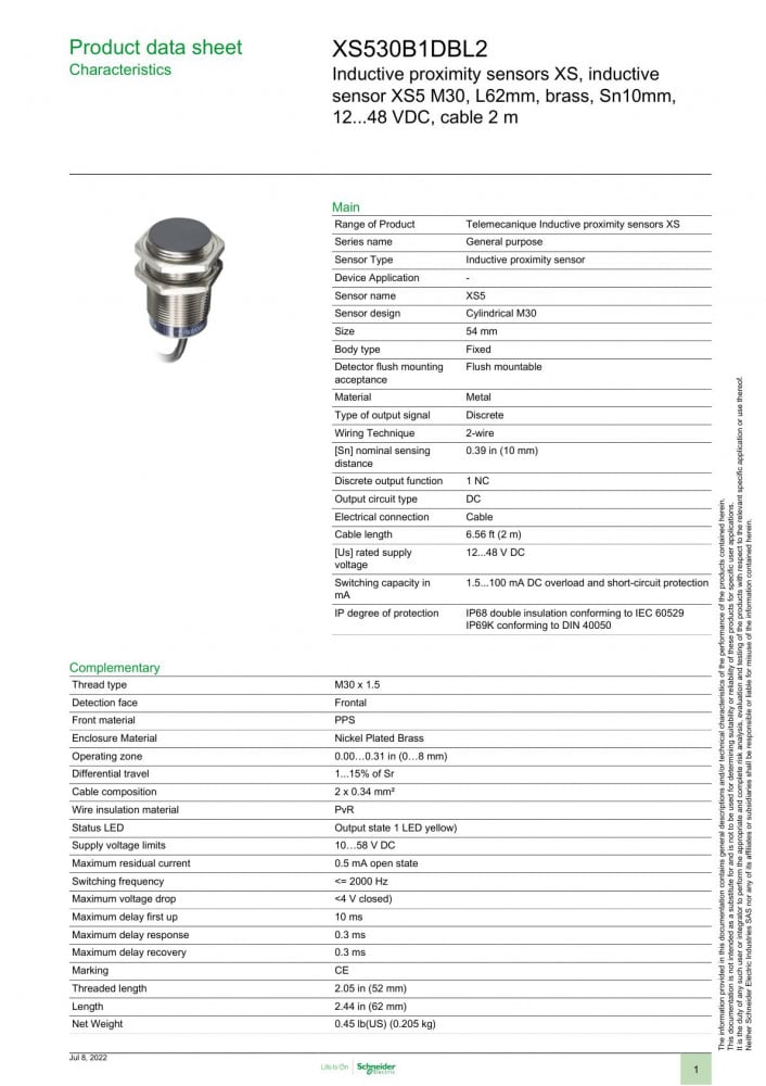 XS530B1DBL2 technical document page 1