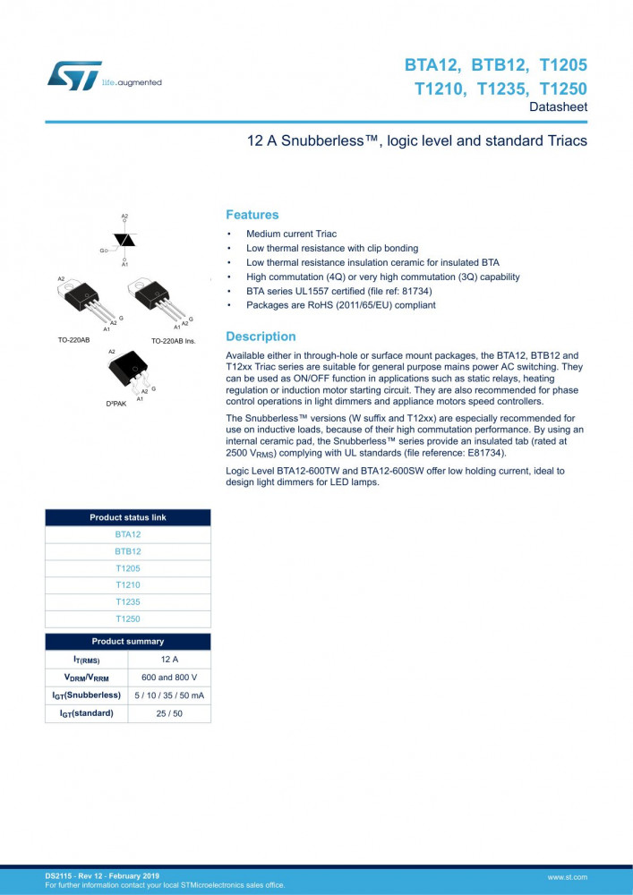 T1210 Triac technical document, page 1