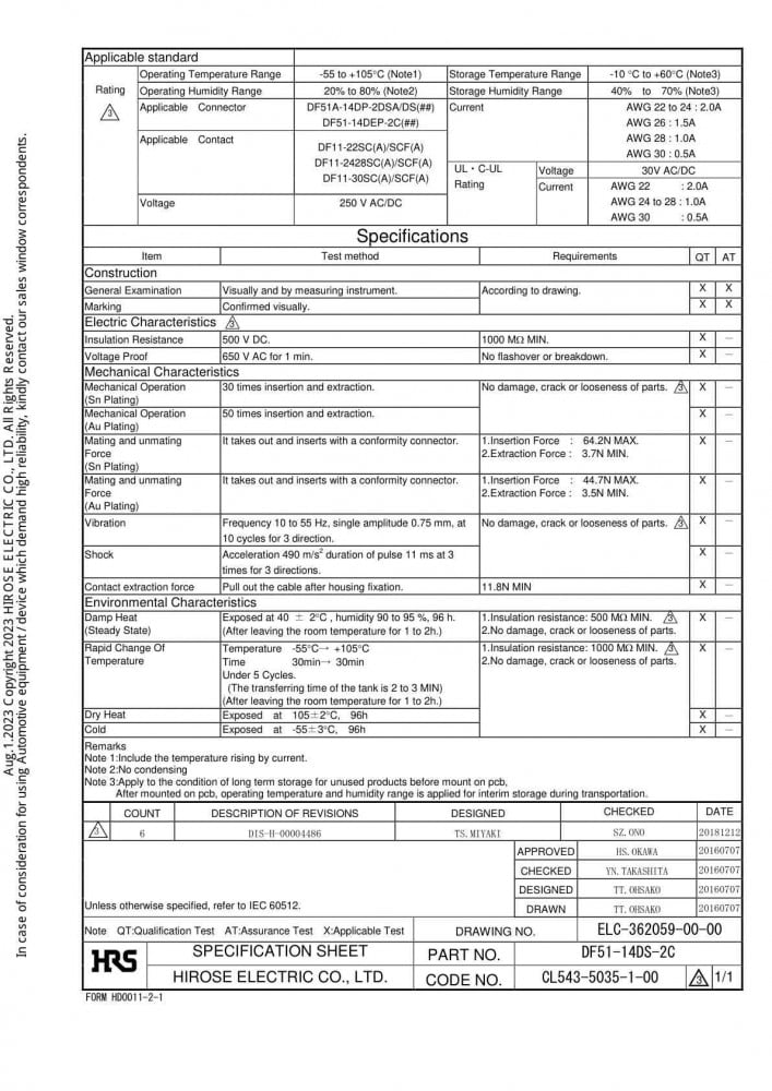 HRS DF51-14DS-2C specification sheet preview